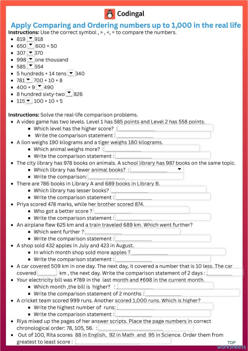M_G03M02L03_WE01_Compare_numbers_up_to_1,000_5. Interactive worksheet | TopWorksheets
