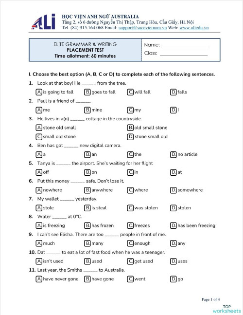 [YLS] Elite | Placement Test 01. Interactive worksheet | TopWorksheets