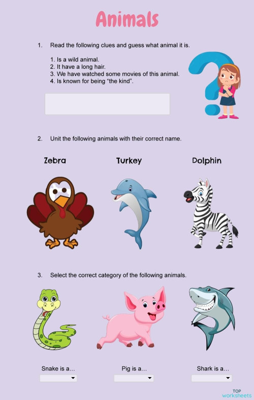 sea, wild and farm animals. Ficha interactiva | TopWorksheets