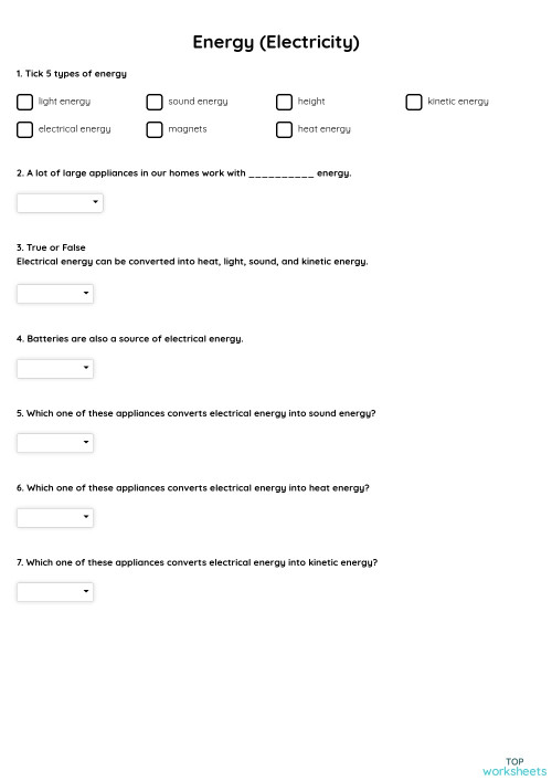 Energy (Electricity). Interactive worksheet | TopWorksheets