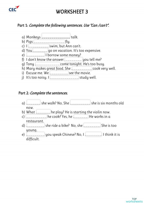 Can/Can't/Cannot Worksheet. Interactive worksheet | TopWorksheets