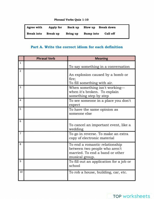 Phrasal Verbs Quiz 1-10. Interactive worksheet | TopWorksheets