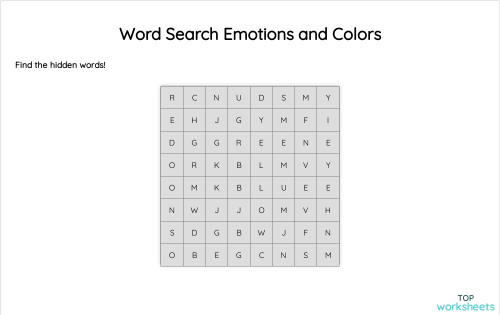 Word Search Emotions and Colors. Interactive worksheet | TopWorksheets