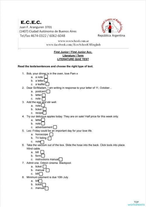 Test SP: Literature. Interactive worksheet | TopWorksheets
