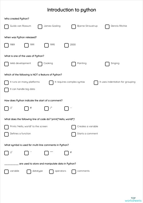 Introduction to python. Interactive worksheet | TopWorksheets