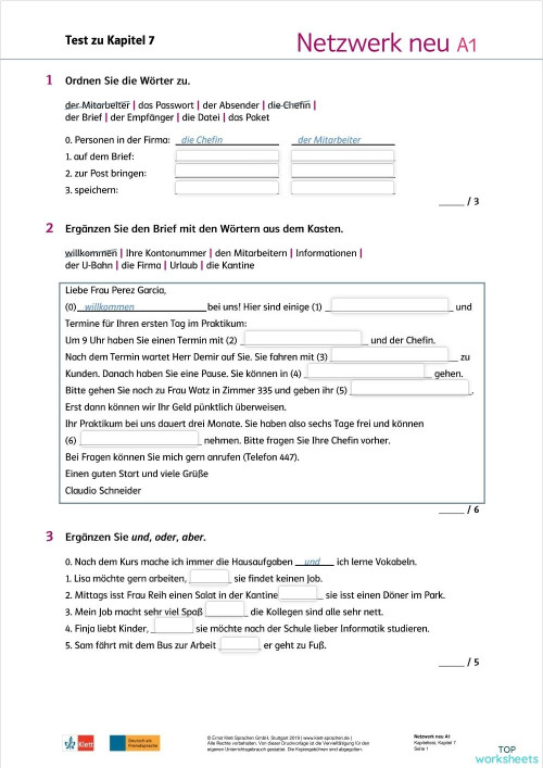 A1 - Kapitel 7 Test. Interaktives Arbeitsblatt | TopWorksheets