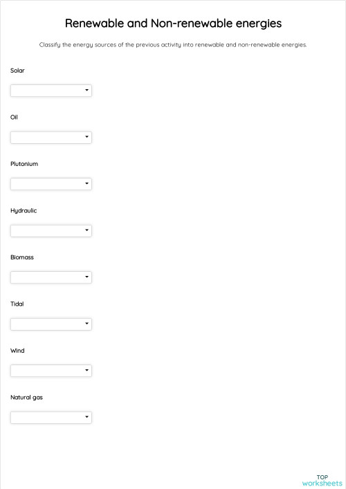 Renewable and Non-renewable energies. Interactive worksheet | TopWorksheets
