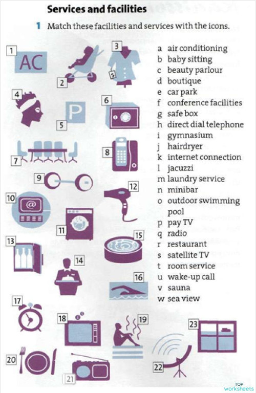 Hotel services and facilities. Interactive worksheet | TopWorksheets