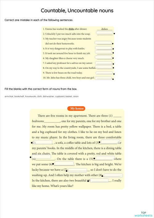 Countable, Uncountable nouns. Interactive worksheet | TopWorksheets