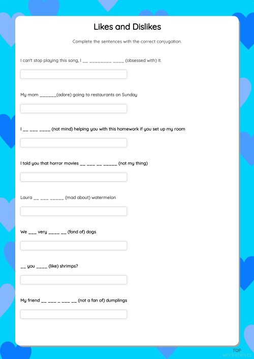 Likes and Dislikes. Interactive worksheet | TopWorksheets