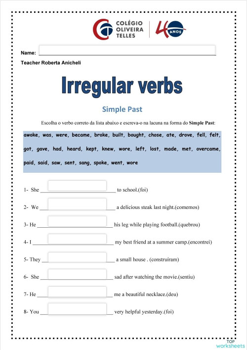 simple past - irregular verbs. Ficha interativa | TopWorksheets