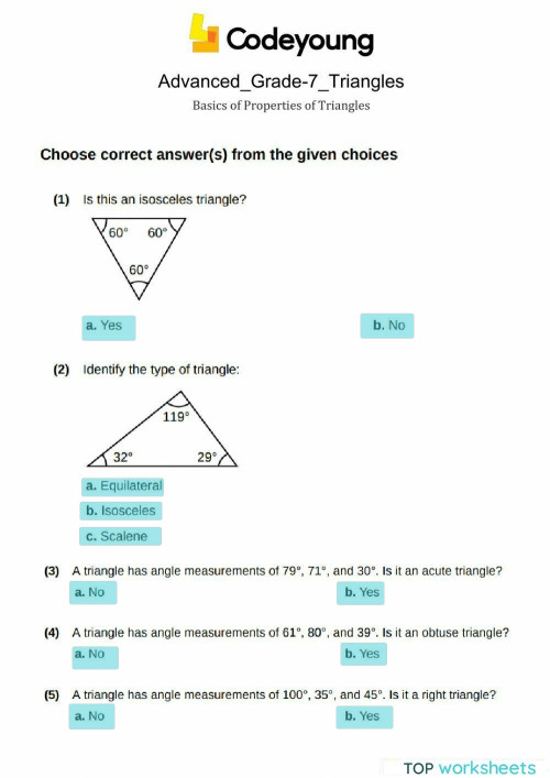 Basics of Properties of Triangles Advanced. Interactive worksheet ...