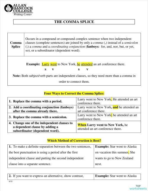 comma splice exercises. Interactive worksheet | TopWorksheets