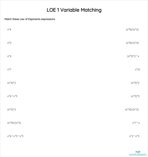 LOE 1 Variable Matching. Interactive worksheet | TopWorksheets