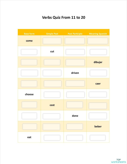 Verbs Quiz from 11 to 20-Fifth Grade. Interactive worksheet | TopWorksheets