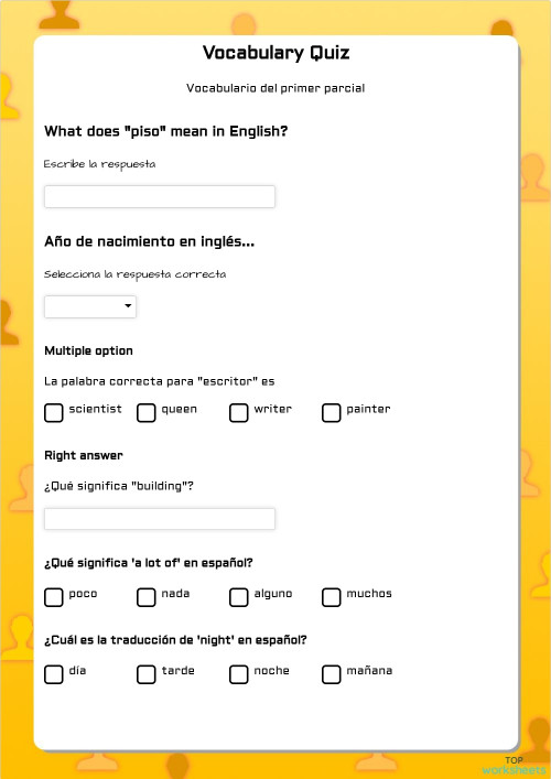 Vocabulary Quiz. Interactive worksheet | TopWorksheets