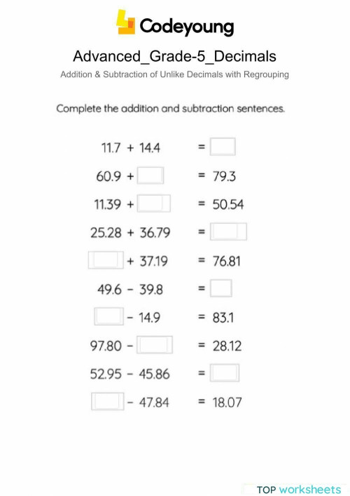 Advanced Addition And Subtraction Of Unlike Decimals With Regrouping