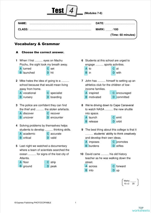 On Screen B2+ Test 4 (Unit7-8). Interactive worksheet | TopWorksheets
