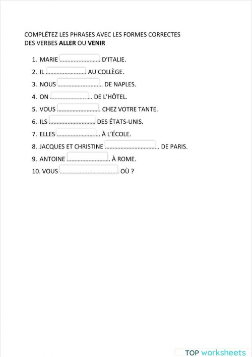 VERBES ALLER ET VENIR. Fiche interactive | TopWorksheets