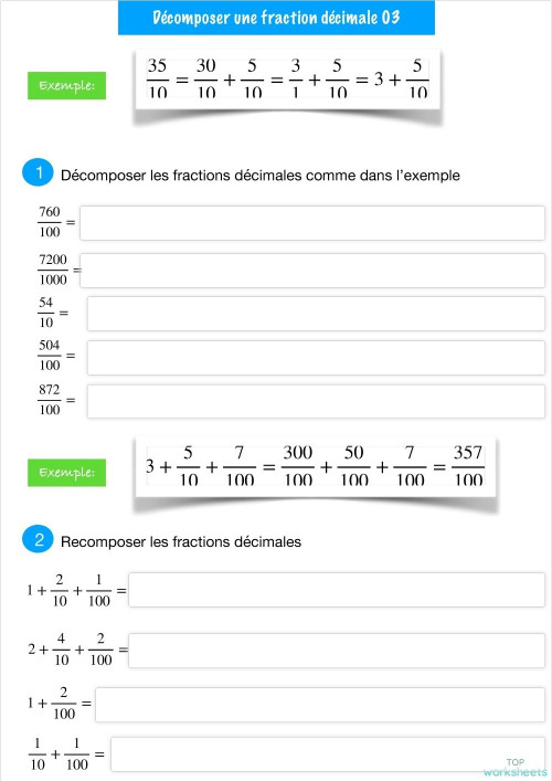 Décomposer une fraction décimale 03. Fiche interactive | TopWorksheets