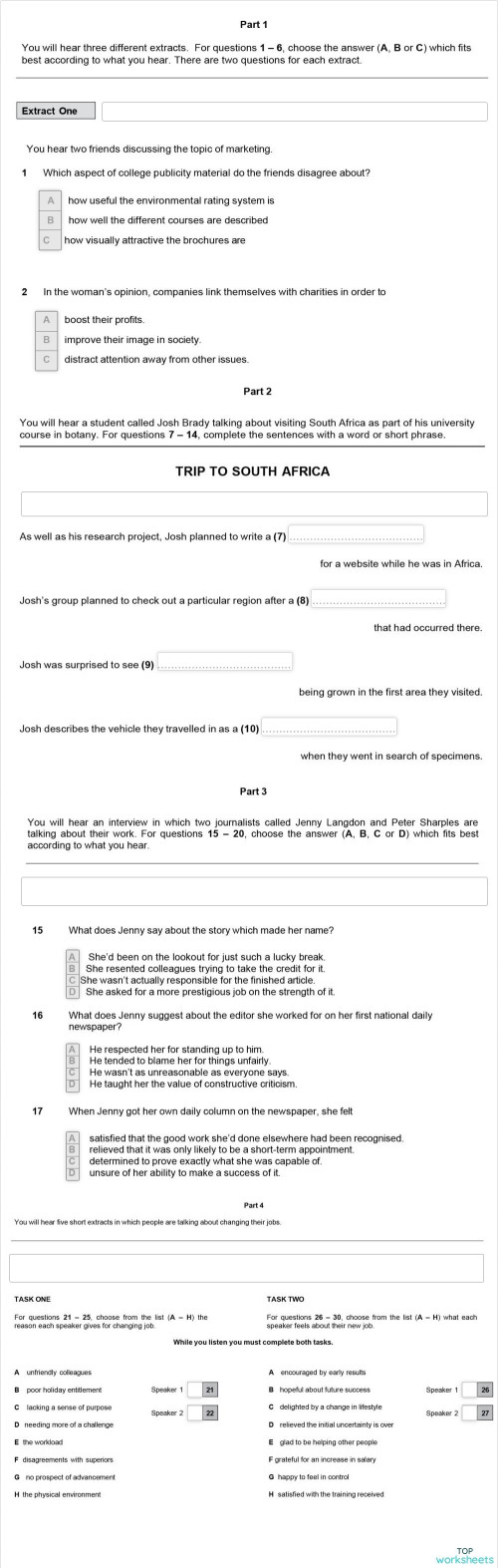 Cambridge CAE Test 1. Interactive worksheet | TopWorksheets