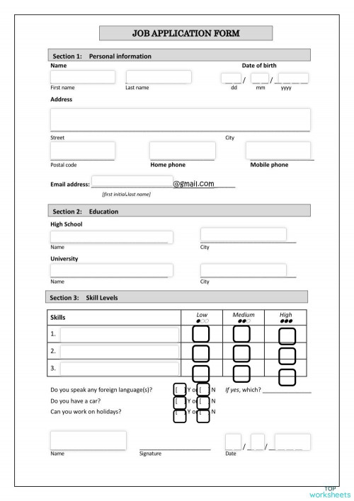 Job application. Interactive worksheet | TopWorksheets