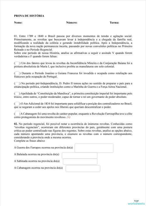 Prova de História. Ficha interativa | TopWorksheets