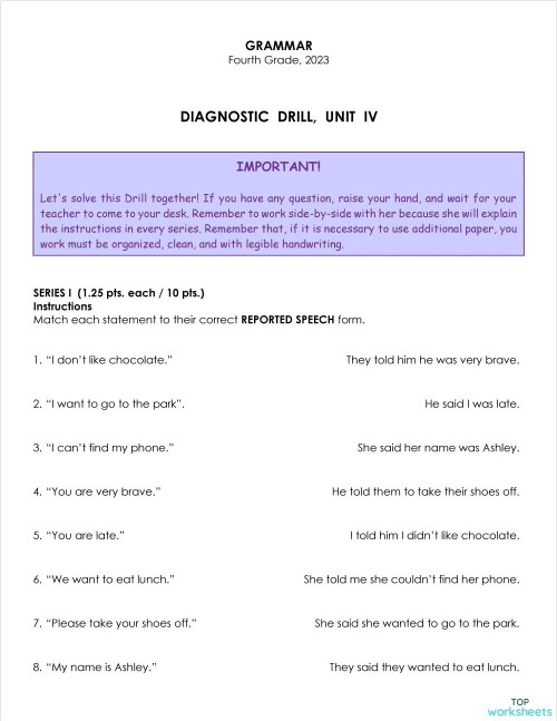 Grammar Diagnostic Part I, Fourth Grade, Unit IV. Interactive worksheet ...