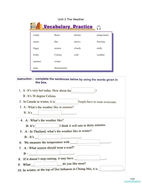 30000-1201 Unit 3 Weather ใบงานเชิงโต้ตอบ | TopWorksheets