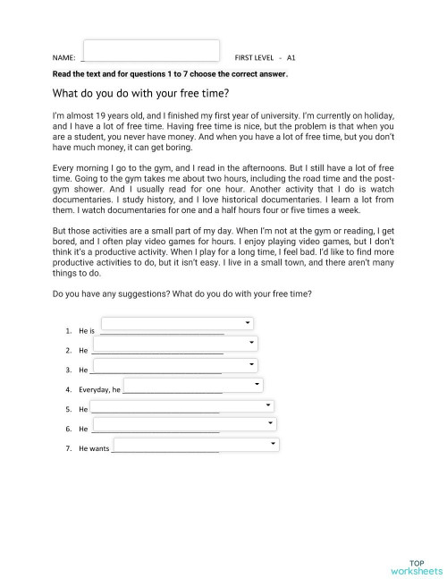 READING - FREE TIME. Interactive worksheet | TopWorksheets
