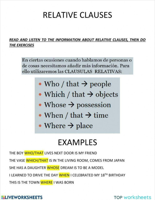 relative clauses 1. Interactive worksheet | TopWorksheets