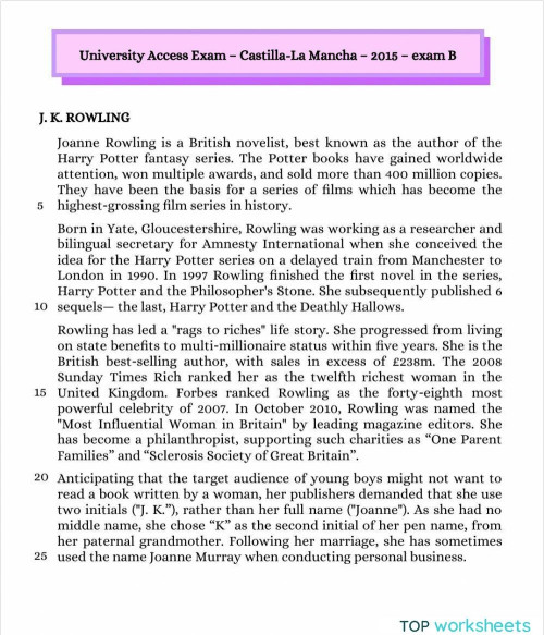 University access exam - J. K. Rowling. Interactive worksheet ...
