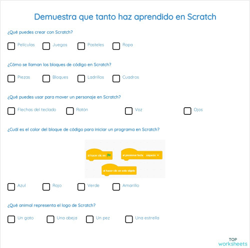 Demuestra que tanto haz aprendido en Scratch. Ficha interactiva | TopWorksheets