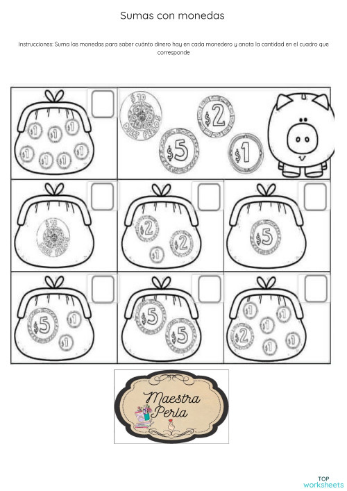 Sumas con monedas/Colegio Petit. Ficha interactiva | TopWorksheets