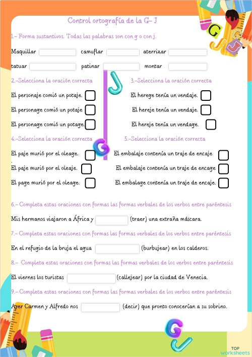 Ortografía G - J: fichas interactivas y ejercicios online | TopWorksheets