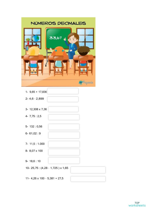Operaciones con números decimales. Ficha interactiva | TopWorksheets