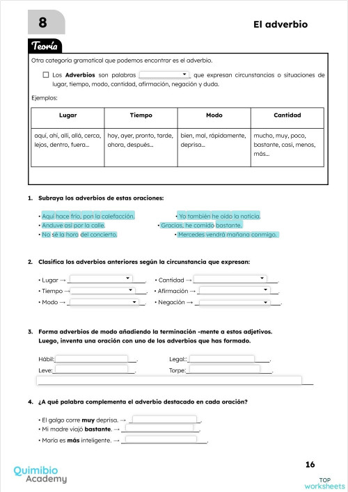 El Adverbio. Ficha interactiva | TopWorksheets