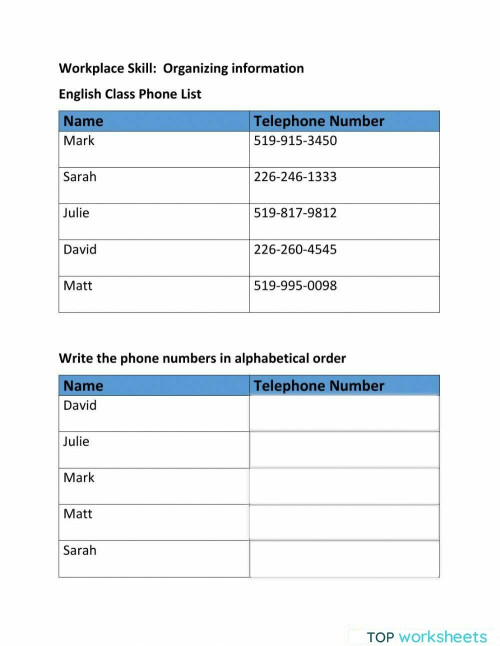 Phone Numbers - Organizing Info. Interactive worksheet | TopWorksheets