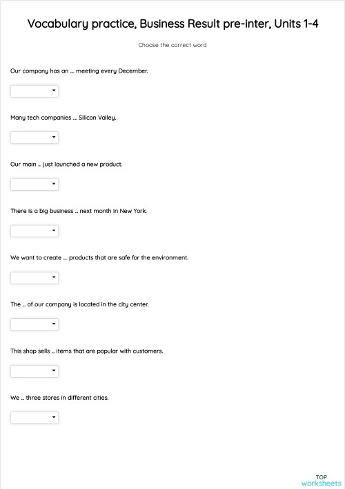 Vocabulary practice, Business Result pre-inter, Units 1-4. Interactive worksheet | TopWorksheets