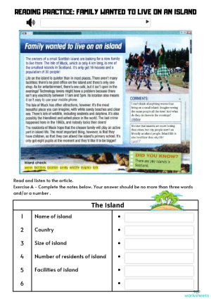 Reading: Family wanted to live on an island. Interactive worksheet ...