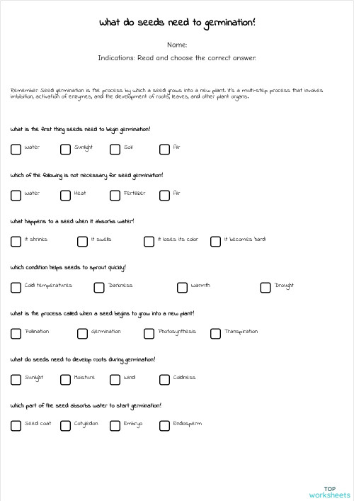 What do seeds need to germination?. Interactive worksheet | TopWorksheets