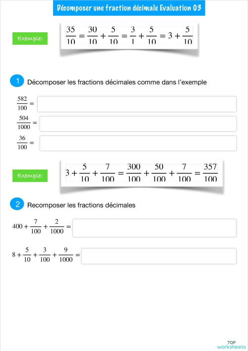 Décomposer des fractions décimales Evaluation 03. Fiche interactive ...