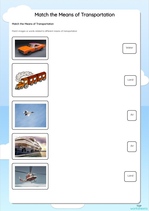 Match the Means of Transportation. Interactive worksheet | TopWorksheets