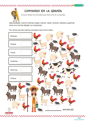 Contar y sumar: animales de la granja. Ficha interactiva | TopWorksheets