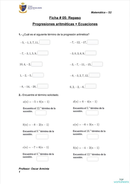 Ficha # 05: Repaso - Progresiones aritméticas + Ecuaciones. Ficha interactiva | TopWorksheets