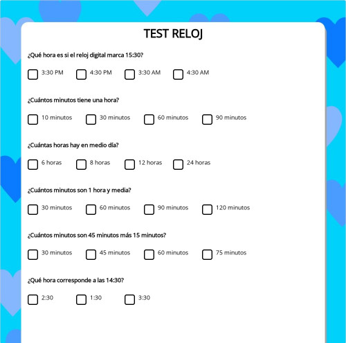 TEST RELOJ. Ficha interactiva | TopWorksheets
