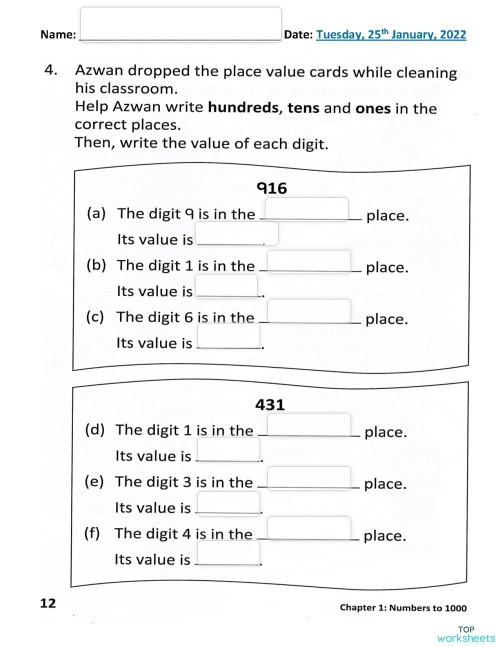 YM 2A WB pg 12 (Place Value). Interactive worksheet | TopWorksheets
