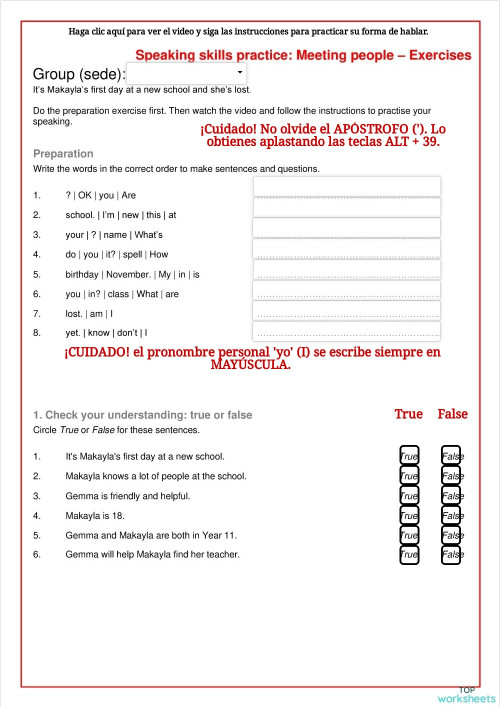 Meeting New People A1 👋🏻. (English Classes). Interactive worksheet ...