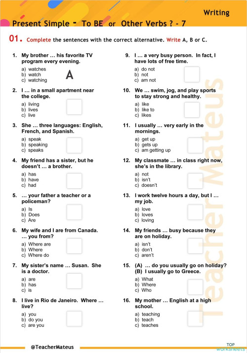 PRESENT SIMPLE - To BE or Other Verbs - 7 - Writing - TM0172 ...