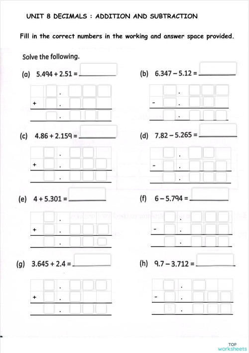 unit 8 decimals : addition and subtraction 2. Interactive worksheet ...